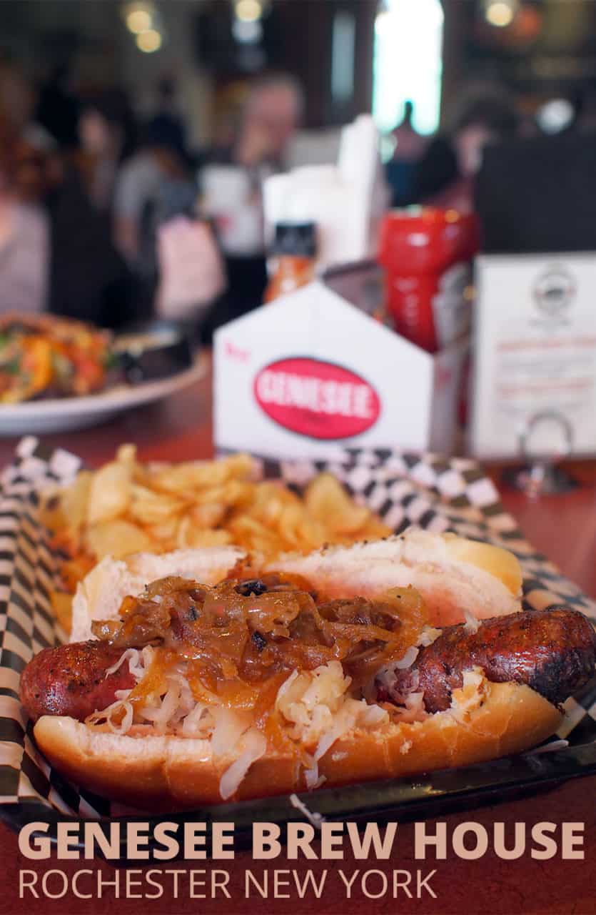 A Genny and a Bratwurst at Genesee Brew House Rochester NY